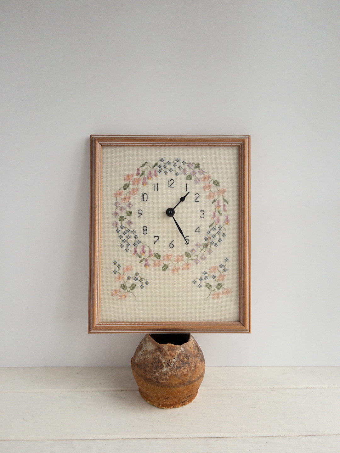 Vintage Embroidered Clock Picture, Floral Tapestry, Vintage Clock ...
