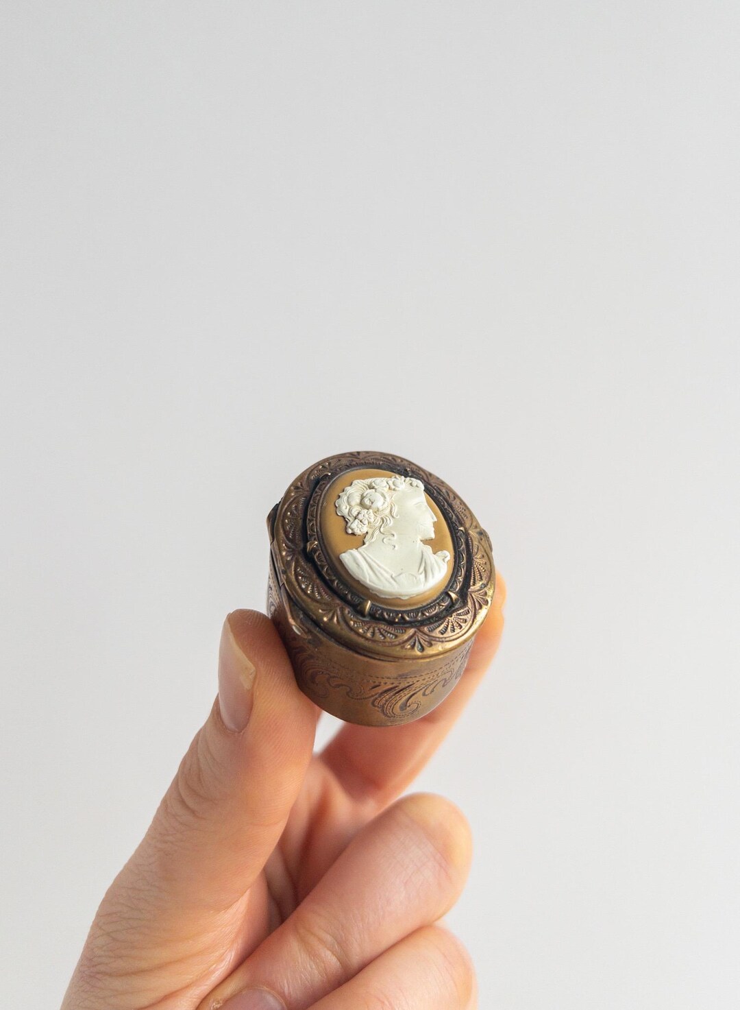 Vintage Brass Cameo Pill Box, Small Brass Pill Box, Vintage Gold Pill ...