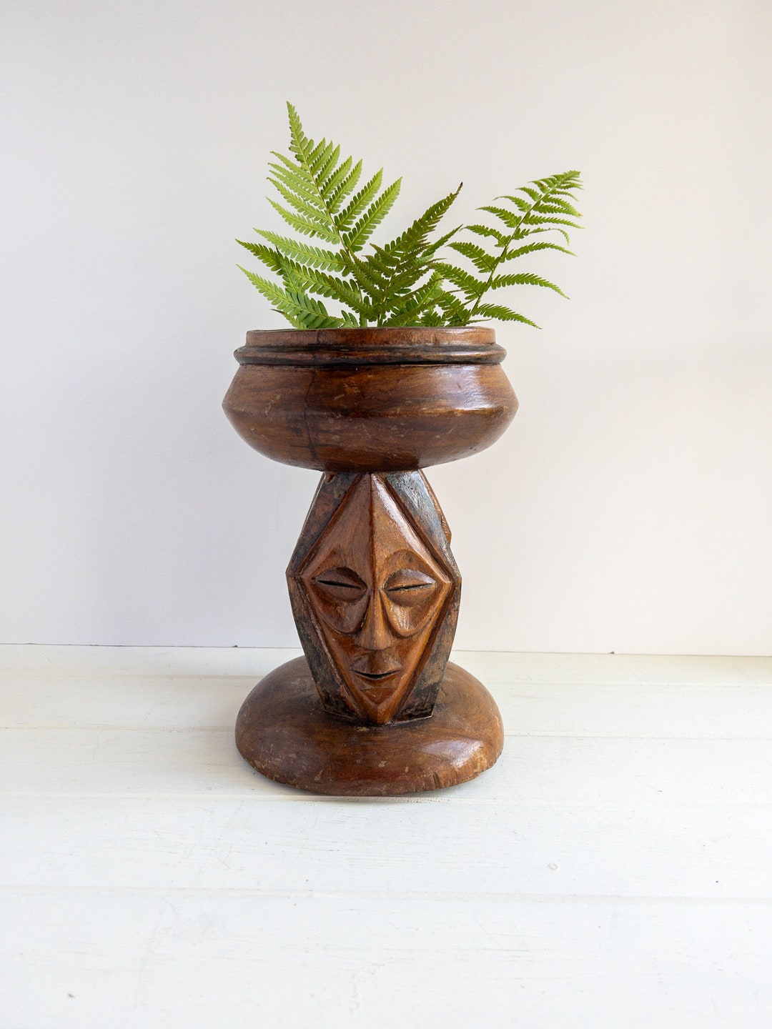 Vintage Hand Carved Wood Plant Stand, Vintage Carved Wood Folk Art ...