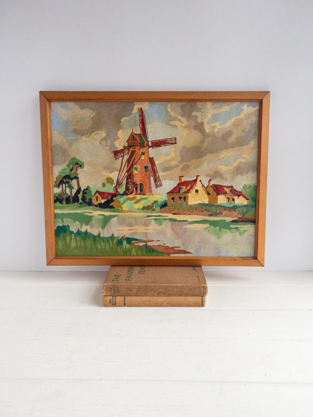 Vintage Original Windmill Painting, Colourful Landscape, Dutch ...