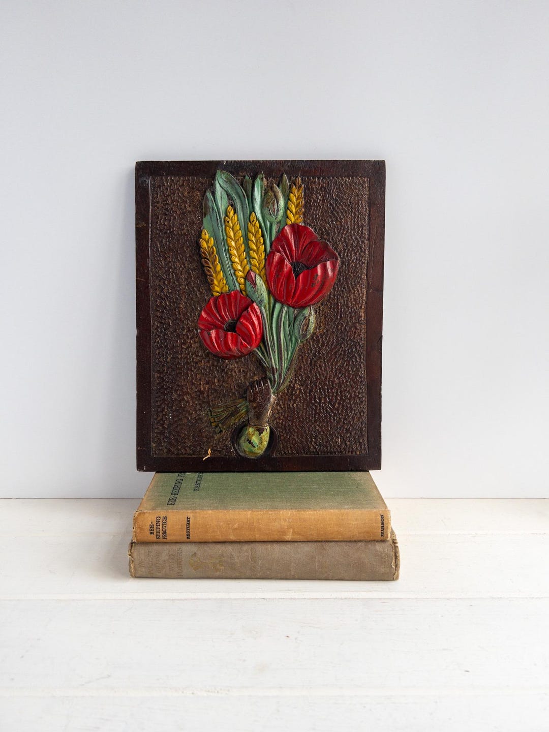 Antique Painted Botanical Carved Wood Panel, Vintage Poppy Carved Wood ...