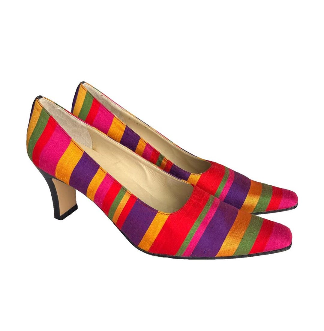 VTG Rangoni Firenze Italian Leather Silk Pumps Rainbow Striped Sz 8 AAA ...