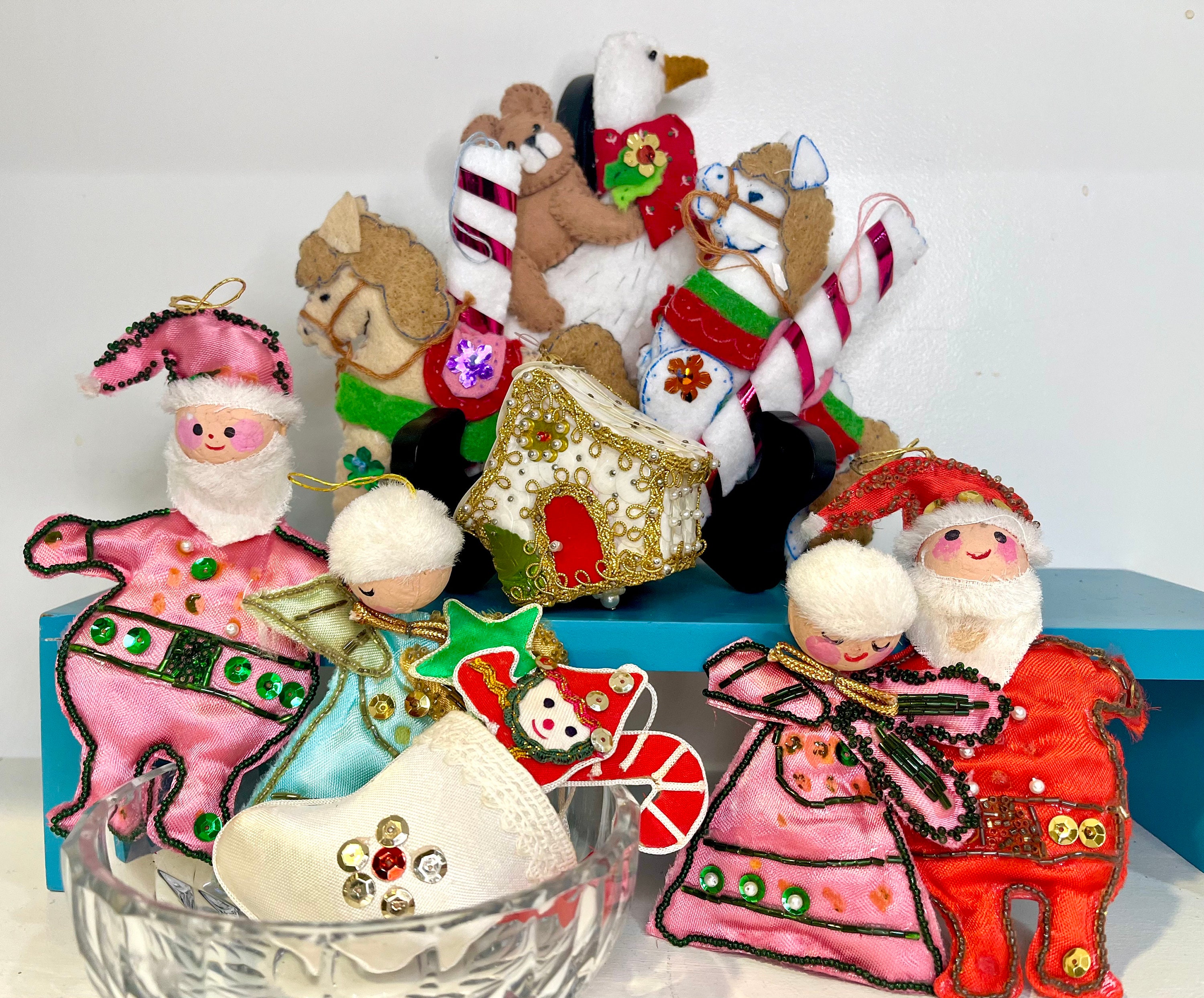 Vintage Fabric Pushpin Sequin Felt Ornament Lot. Carousel Horse Santa Angel Stocking House. Christmas Tree Ornament Set of 9. Etsy