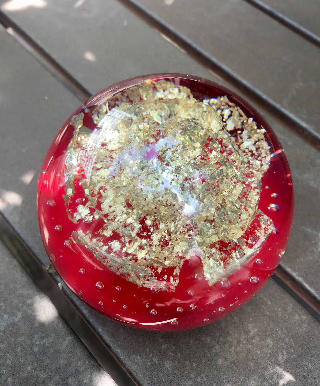 Vecchia Murano Glass Paperweight: Red, Gold Foil Flower, Controlled ...