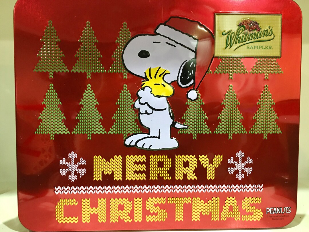 Snoopy Peanuts Whitman's Tin. Sweater Knit Merry Christmas Trees ...