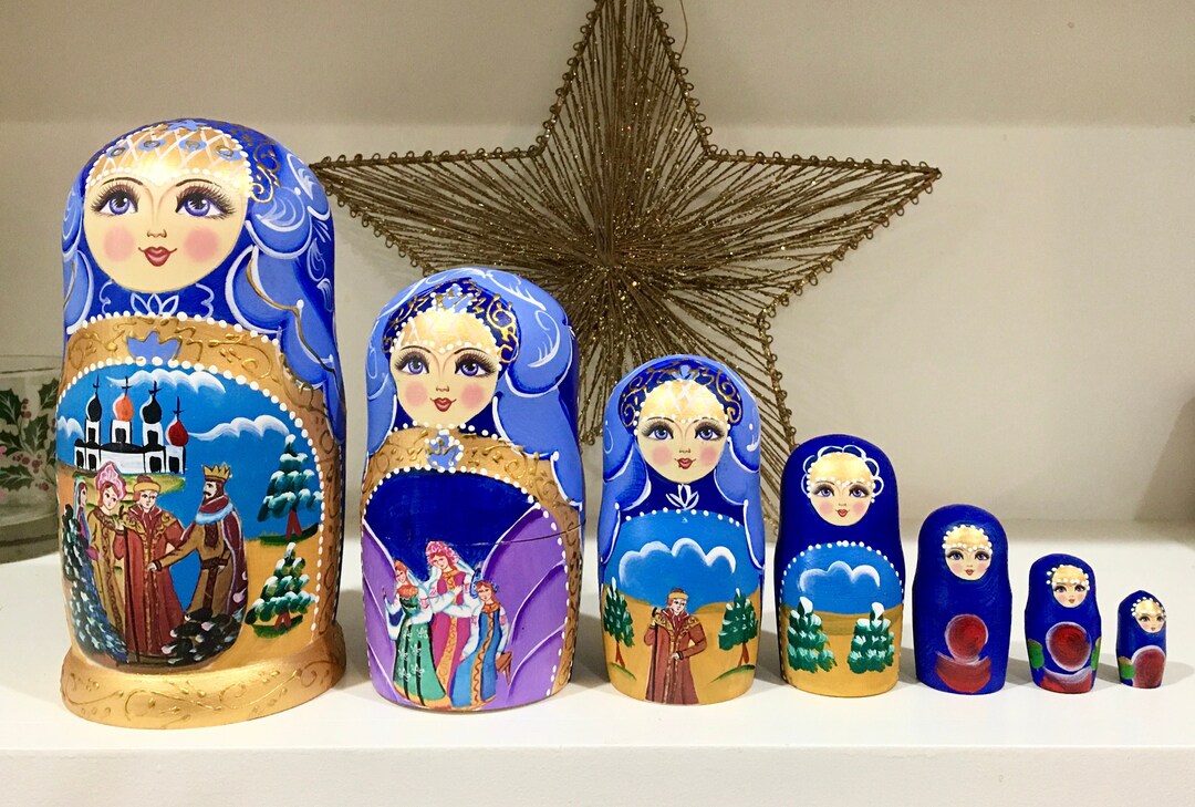 Seven Russian Wooden Nesting Dolls Set. Matryoshka Babushka Hand ...