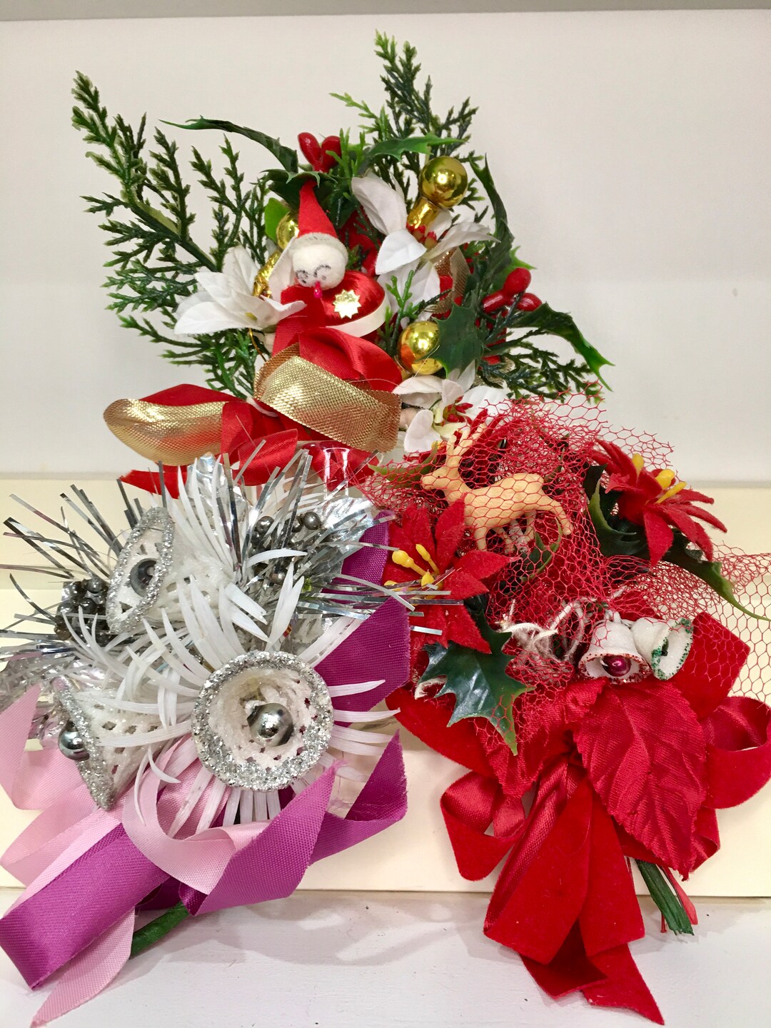 Vintage Christmas Corsages. Spun Cotton Santa, Reindeer, Mercury Ball ...