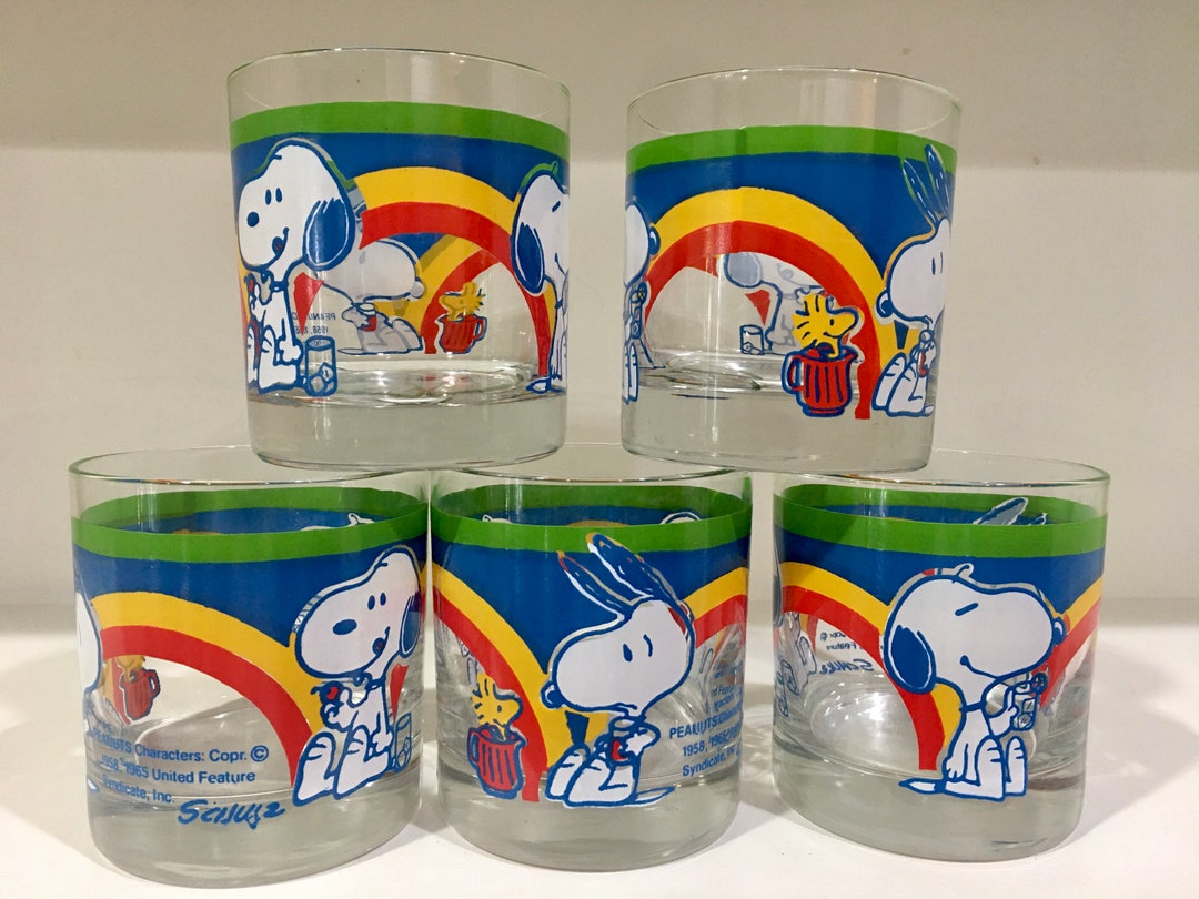 Snoopy and Woodstock Under a Rainbow Water Cocktail Highball Glasses ...