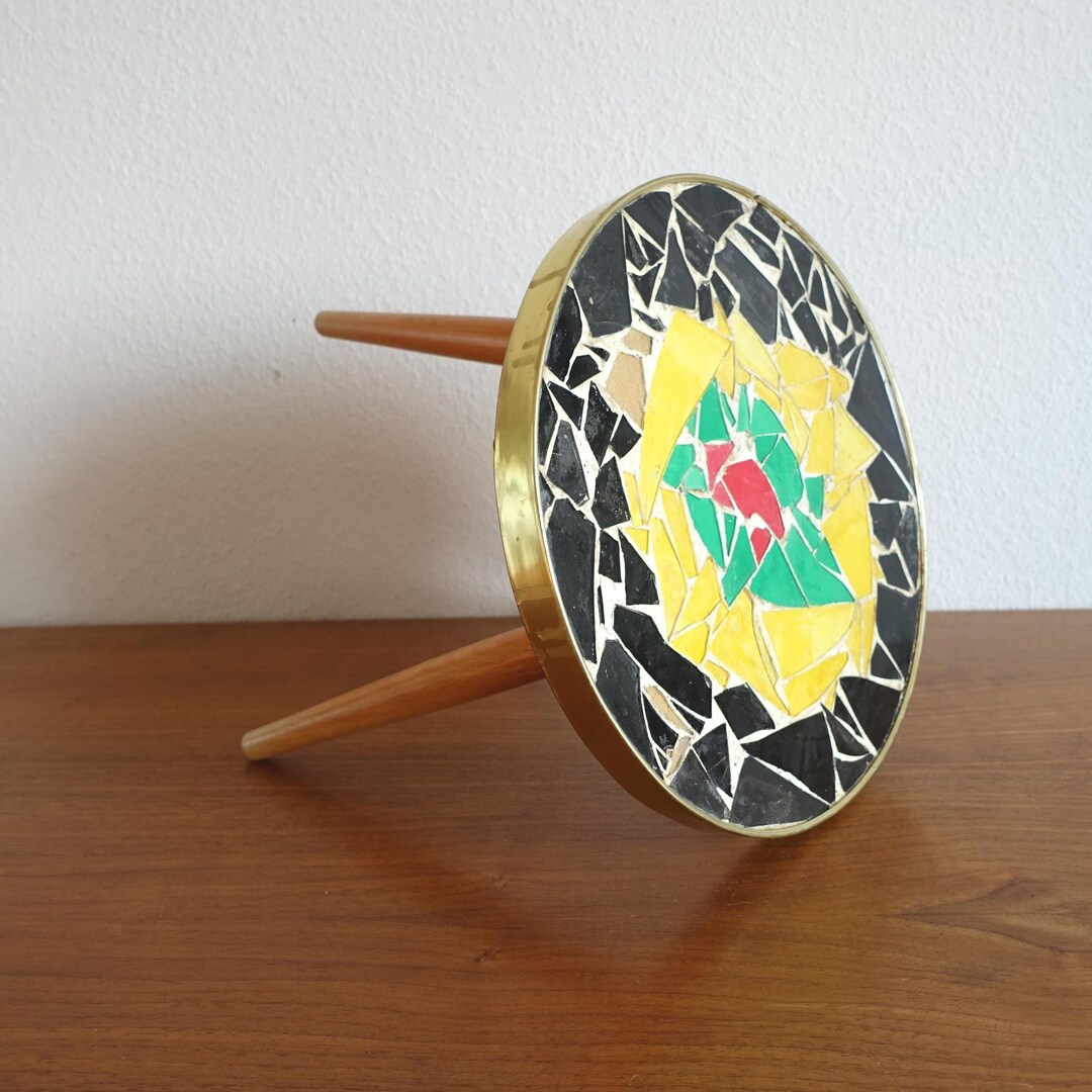 Kidney-shaped Flower Stand, Tripod Table, Mosaic Tiles, Colorful, Gold ...