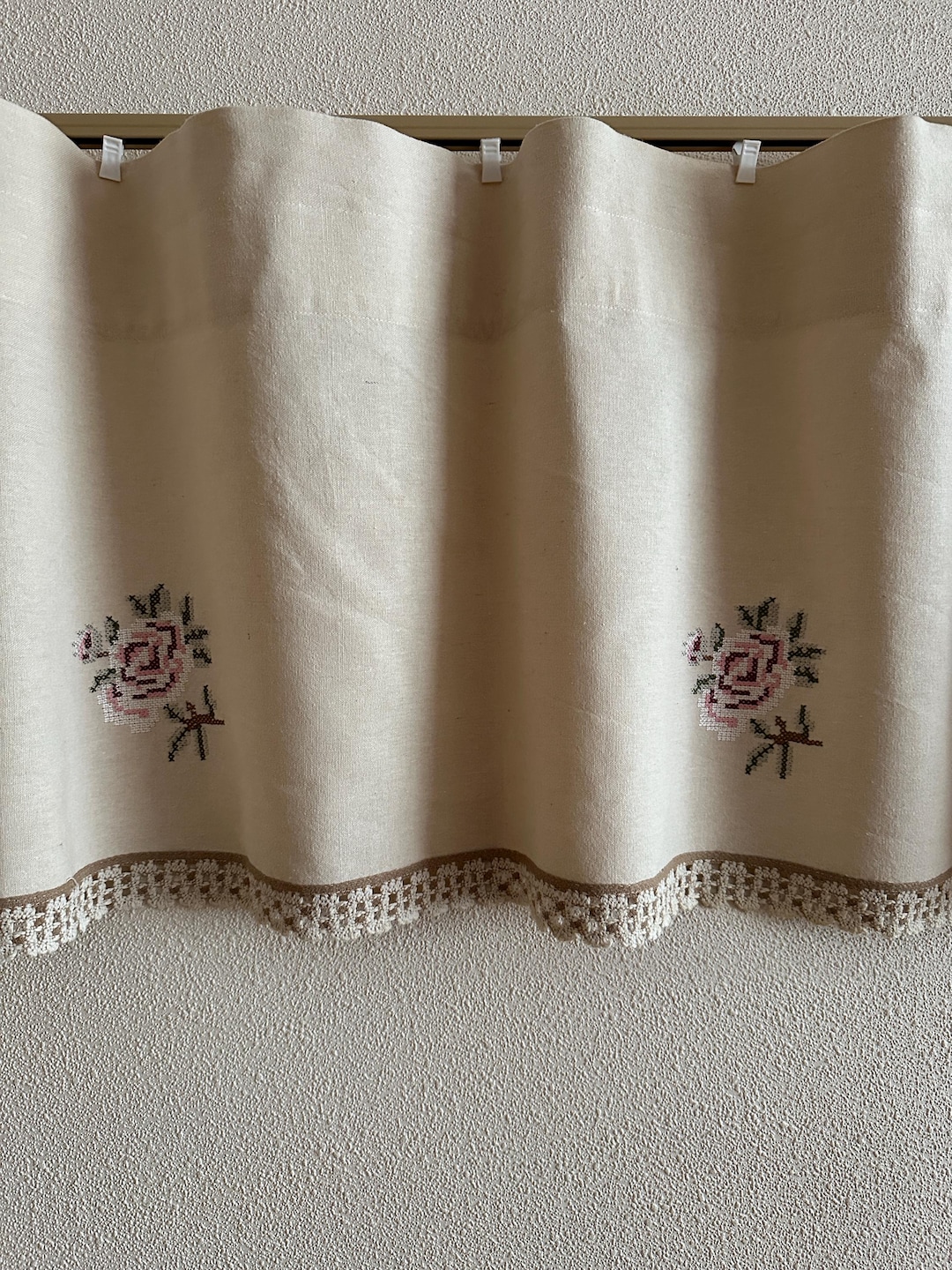 Embroidered Curtain Panel Flower Cross Stitch Curtain Beige Lace Trim ...