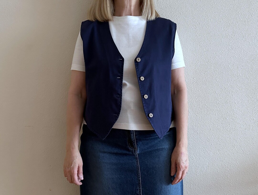 Vintage Women's Vest Blue Vest Blue Cotton Women Vest Fitted Women ...