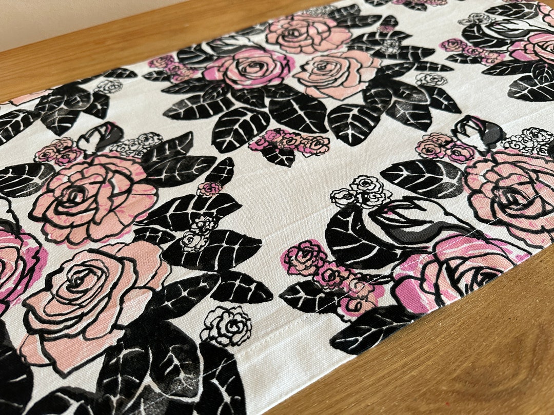 Finlayson Table Runner Rose Print Tablecloth White Black Pink Finlayson ...