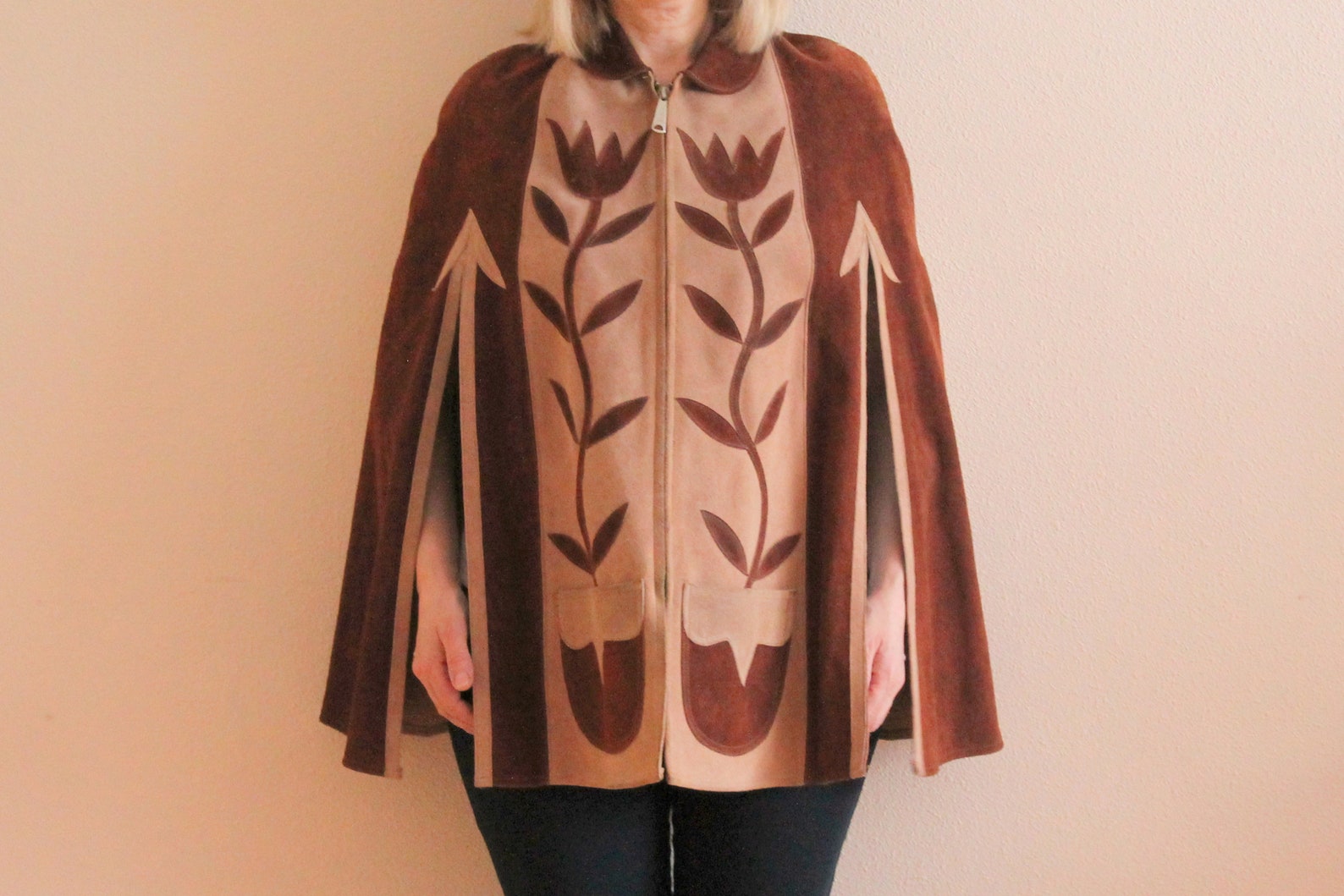 Mexican Cape Folk Wrap Cape Boho Ethnic Poncho Beige Brown Suede Poncho ...