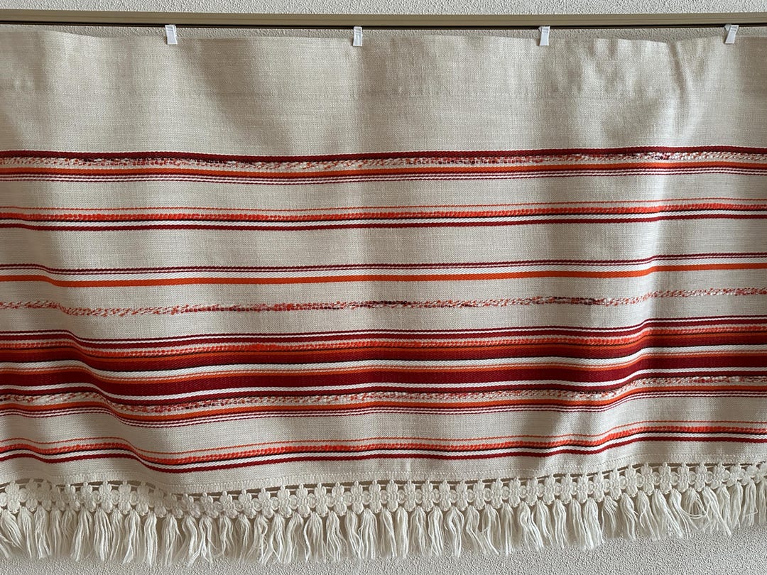 Woven Curtain Vintage Curtain Panel Woven Fabric Beige Red Striped ...