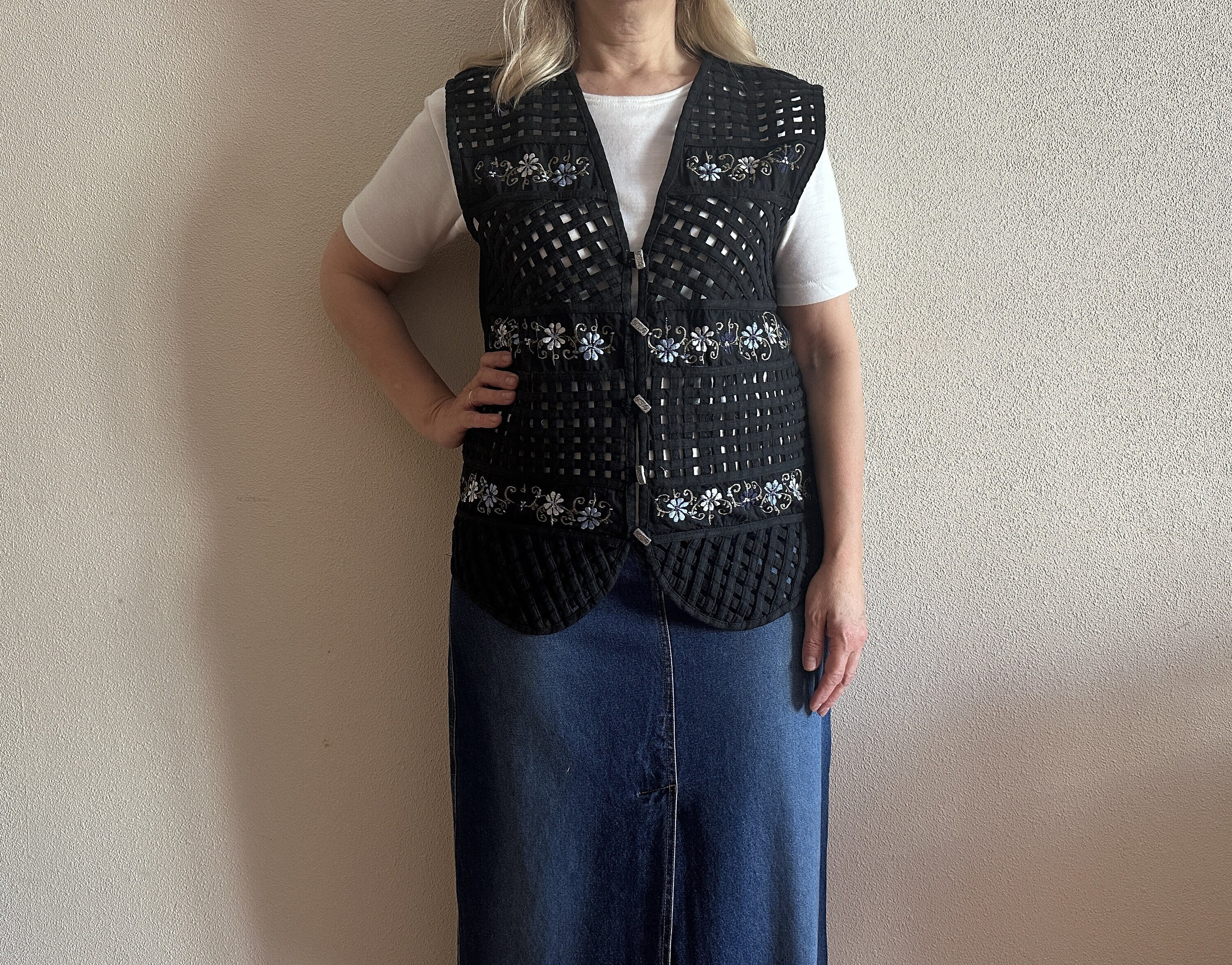 Women's Vest Vintage Denim Vest See Through Cut Out Lattice Women's Vest Vintage Denim Vest See Through Cut Out Lattice