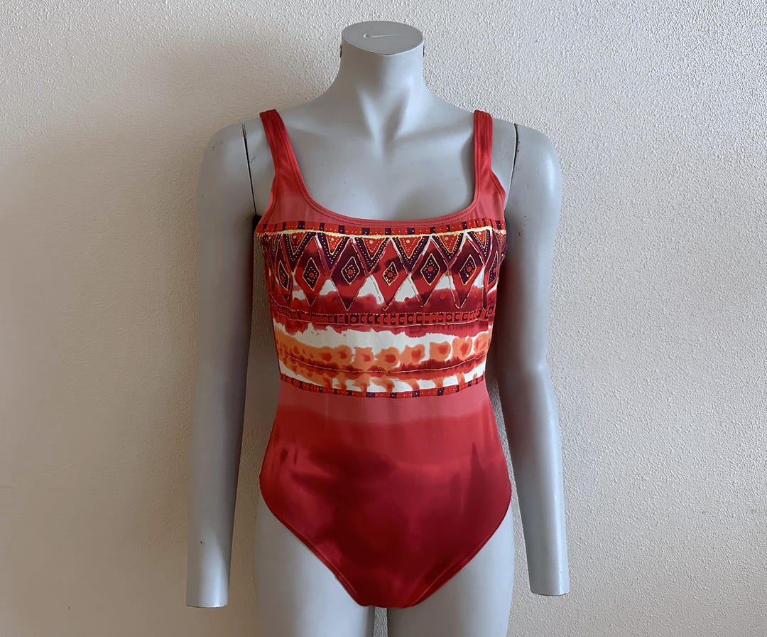 Vintage One Piece Red Swimsuit Colorful Bodysuit Swimwear Open Back ...
