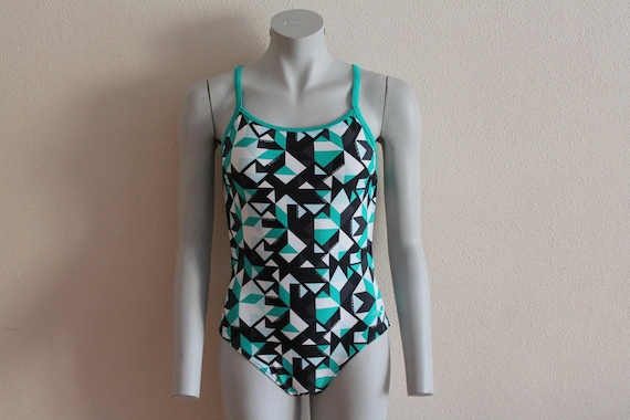 One Piece Swimsuit Retro Abstract Print Bodysuit Whit… - Gem
