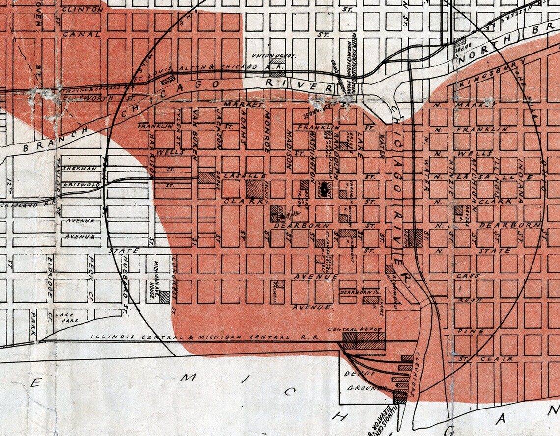 Vintage Chicago Print - 1871 "map Showing the Burnt District in Chicago ...