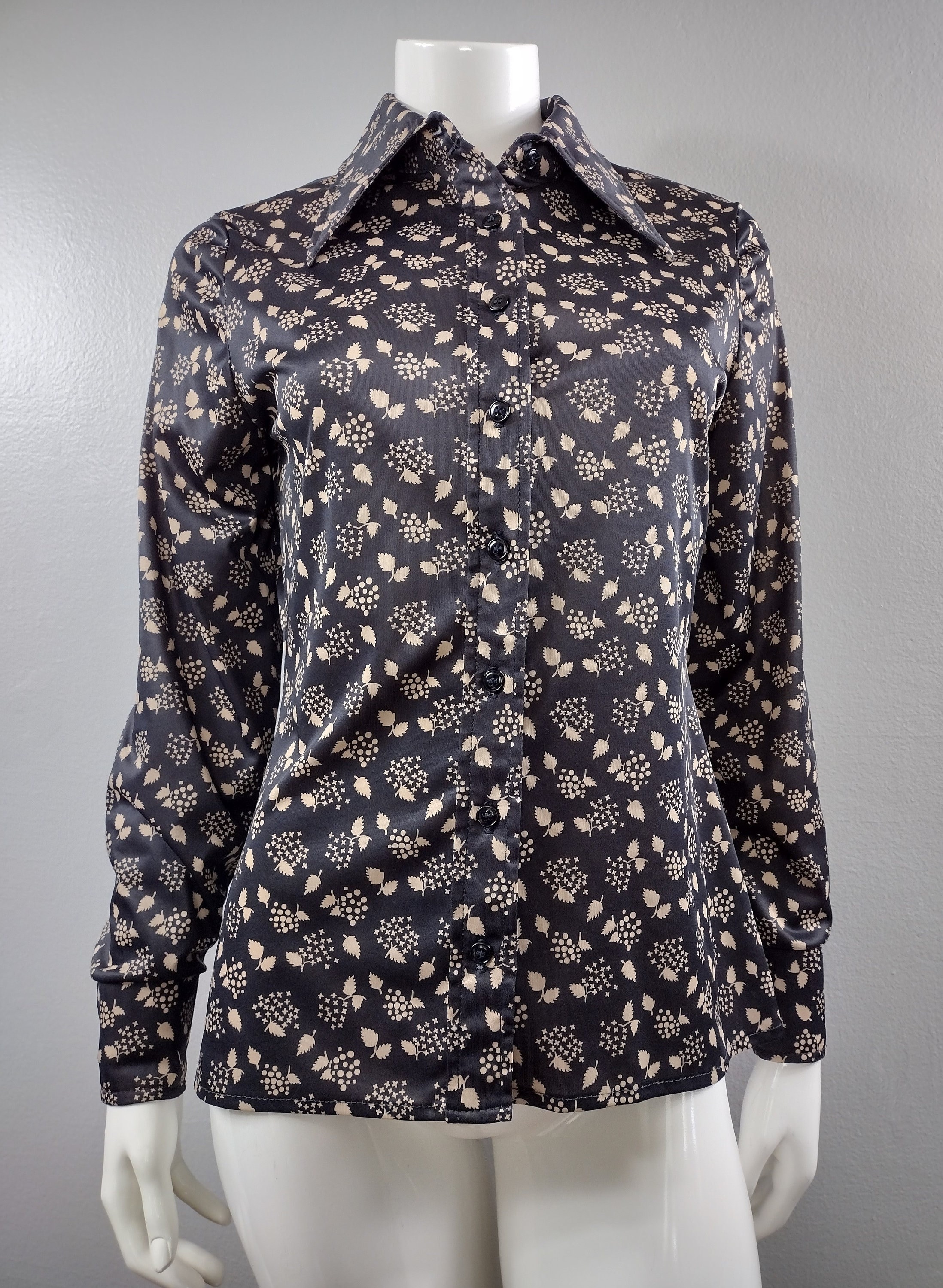 Vintage Huk-a-poo Disco Shirt 1970's Polyester Shirt Grape Print Black ...