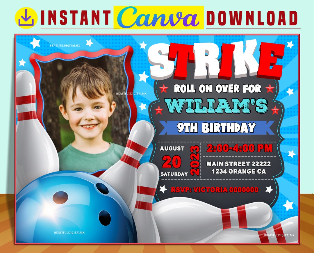 Bowling Chalk Party Digital Birthday Invitation EDITABLE on - Etsy
