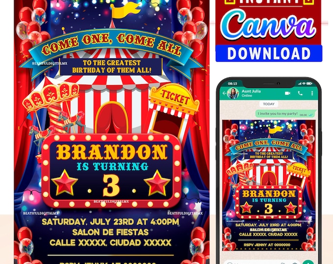 Carnival Circus Party Digital Birthday Invitation EDITABLE in CANVA ...