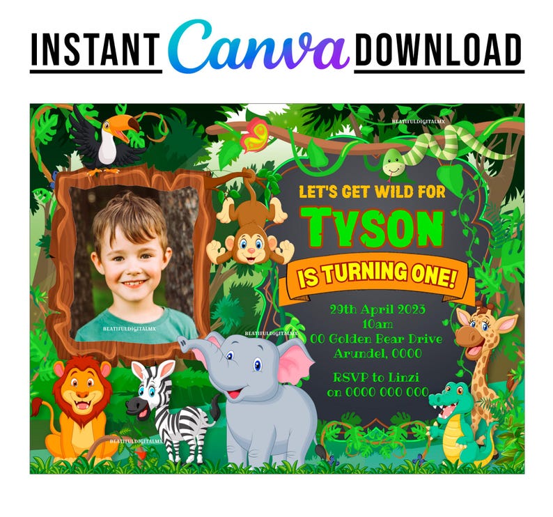 Jungle Safari Party Digital Birthday Photo Invitation EDITABLE in CANVA ...