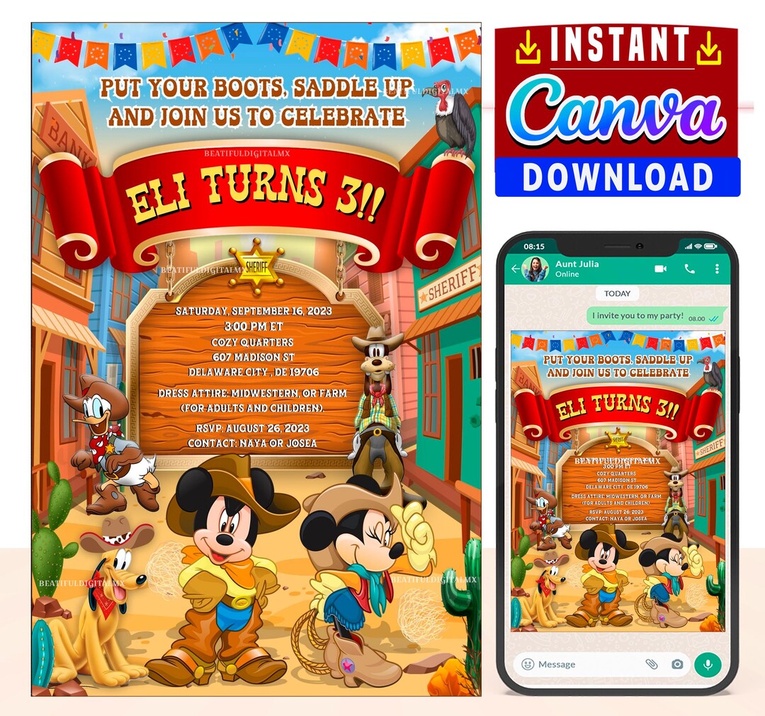 Mickey Cowboy Party Digital Birthday Invitation Chalkboard EDITABLE in ...