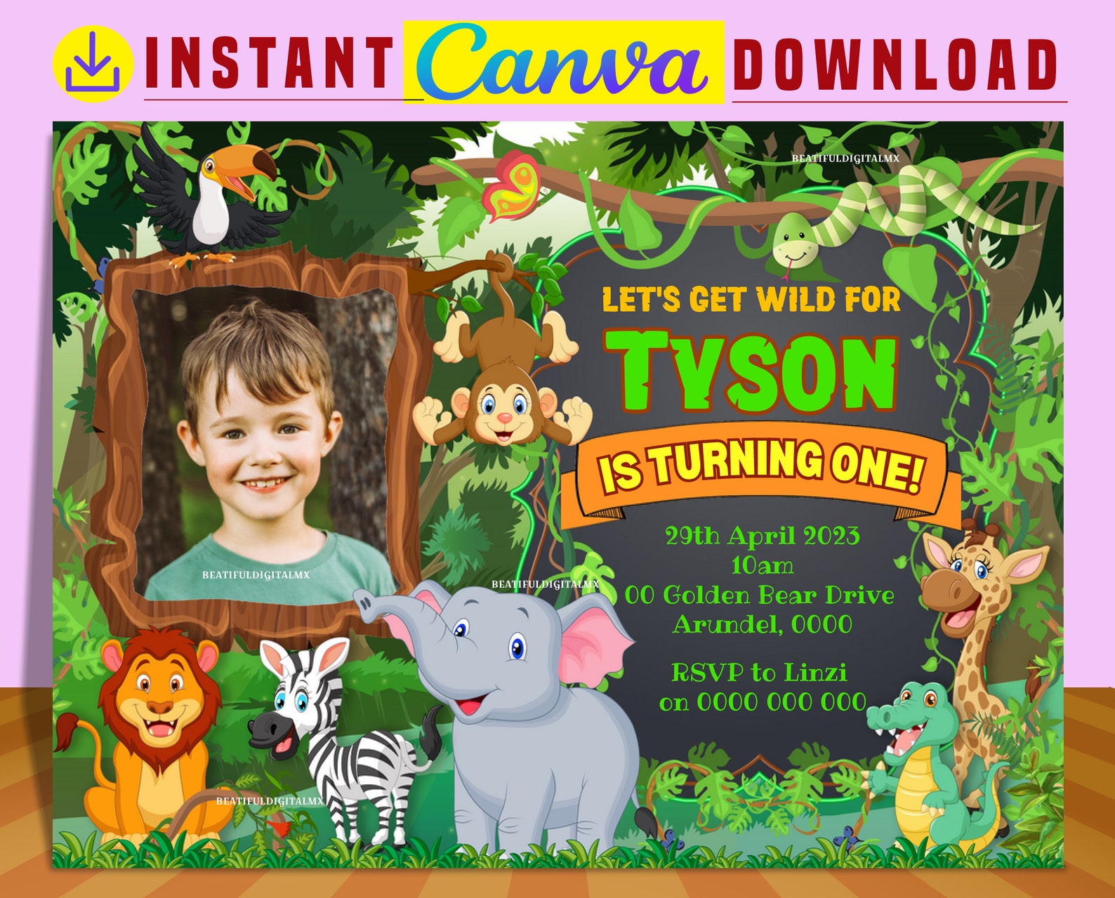 Jungle Safari Party Digital Birthday Photo Invitation EDITABLE in CANVA ...