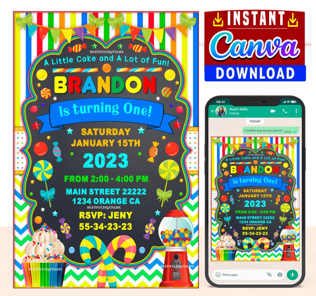 Candyland Boy Party Digital Birthday Invitation EDITABLE in CANVA ...