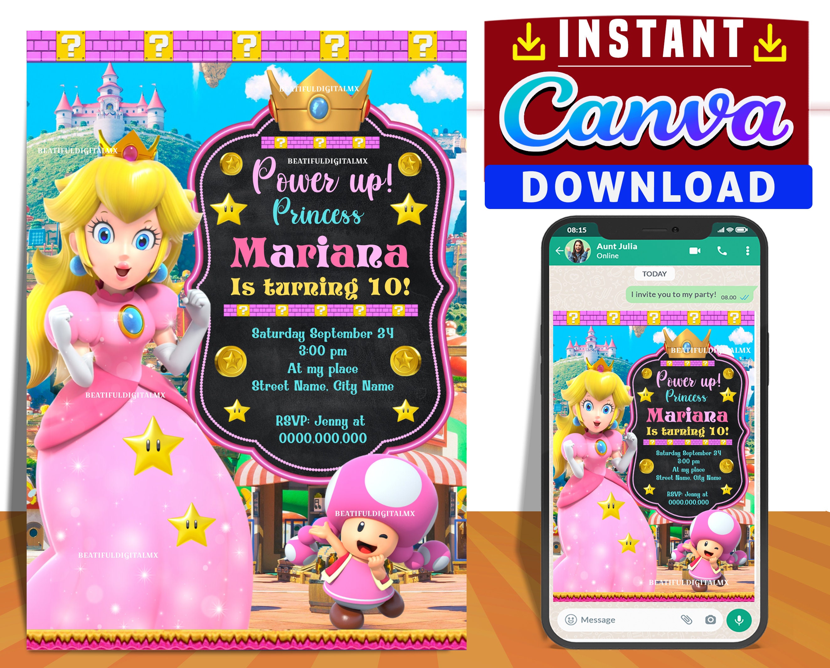 Peach Princess Party Digital Birthday Invitation EDITABLE in CANVA ...
