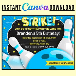 Bowling Alley Party Digital Birthday Invitation for Boy, EDITABLE in ...