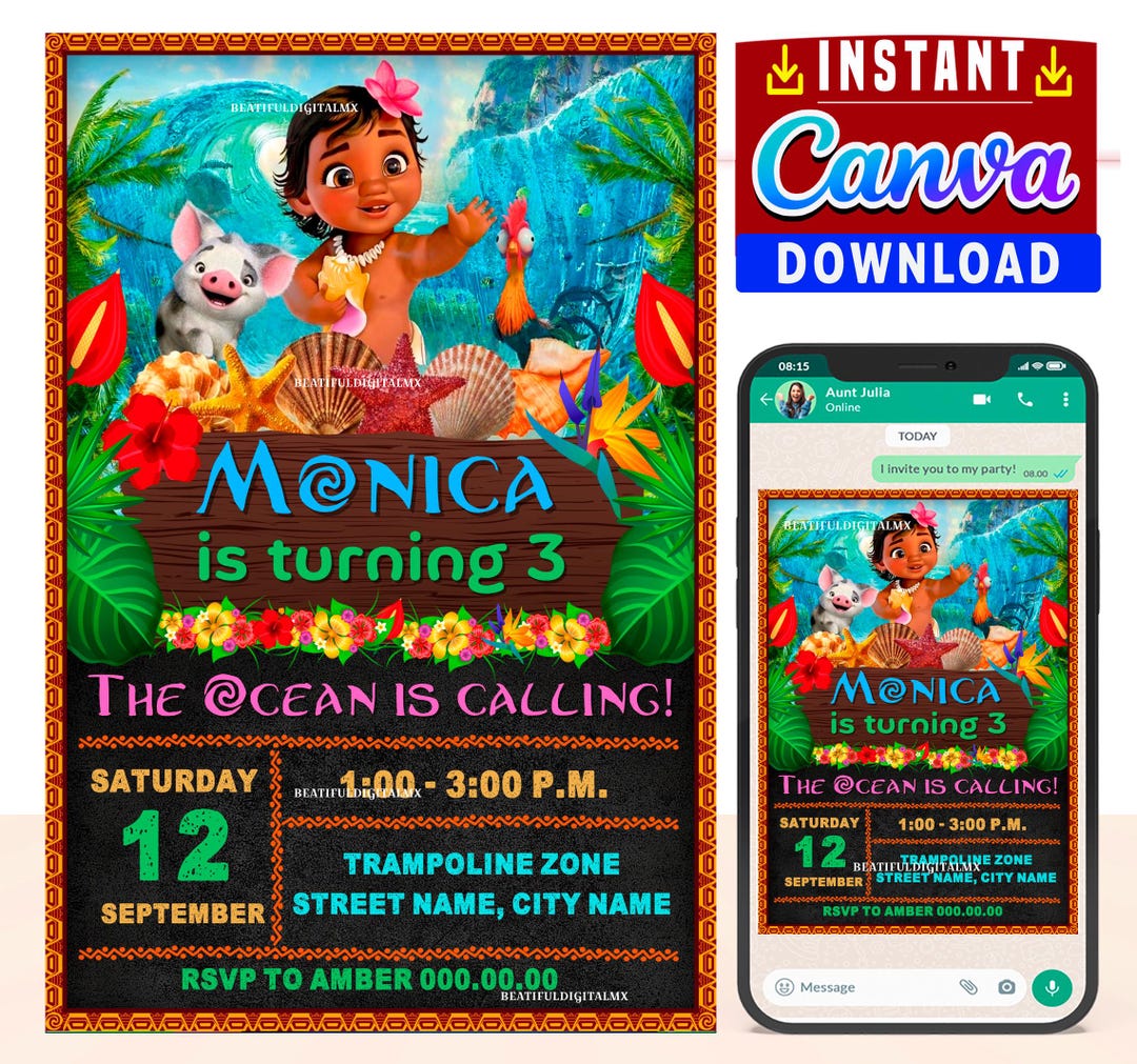 Moana Baby Party Digital Birthday Invitation EDITABLE in CANVA, Cute ...
