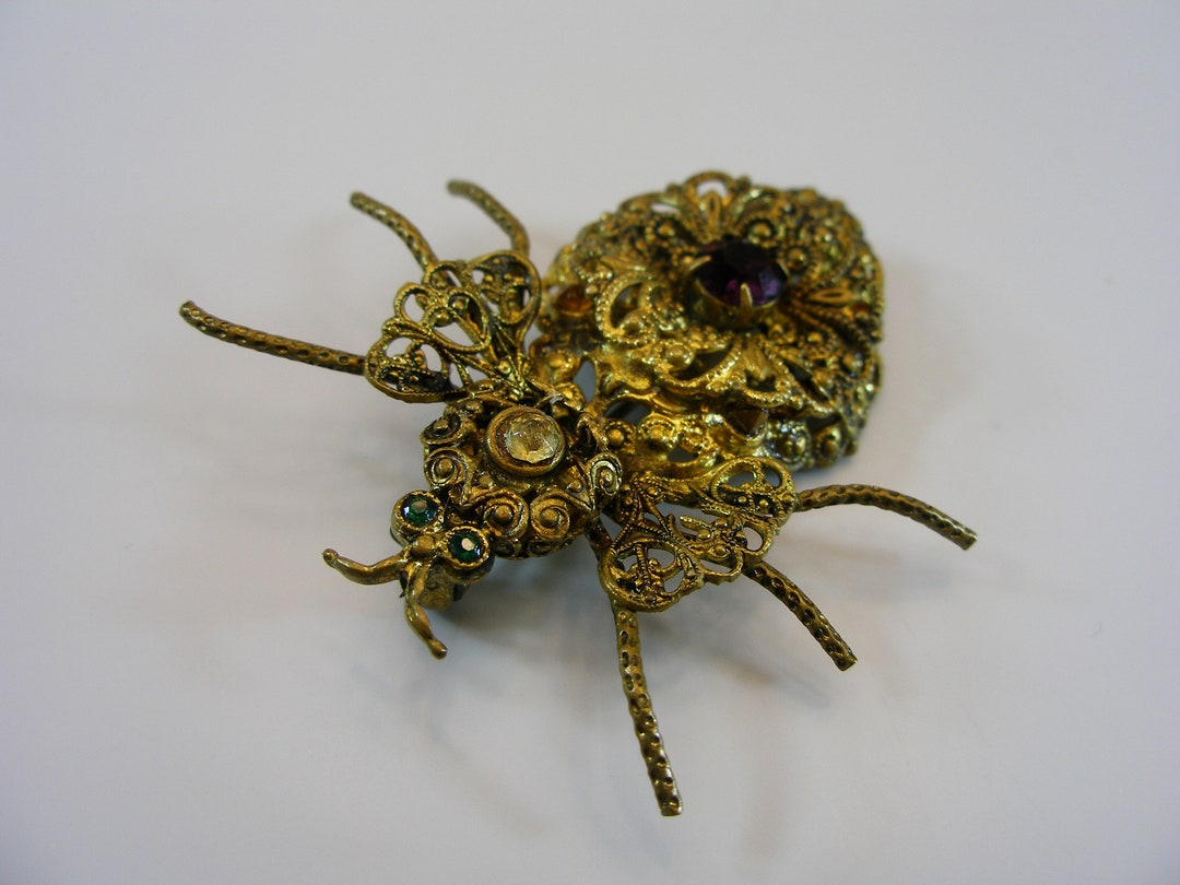Filigree Spider Bug Pin Czech Brass Brooch Crystals Brooch Glass Stones ...