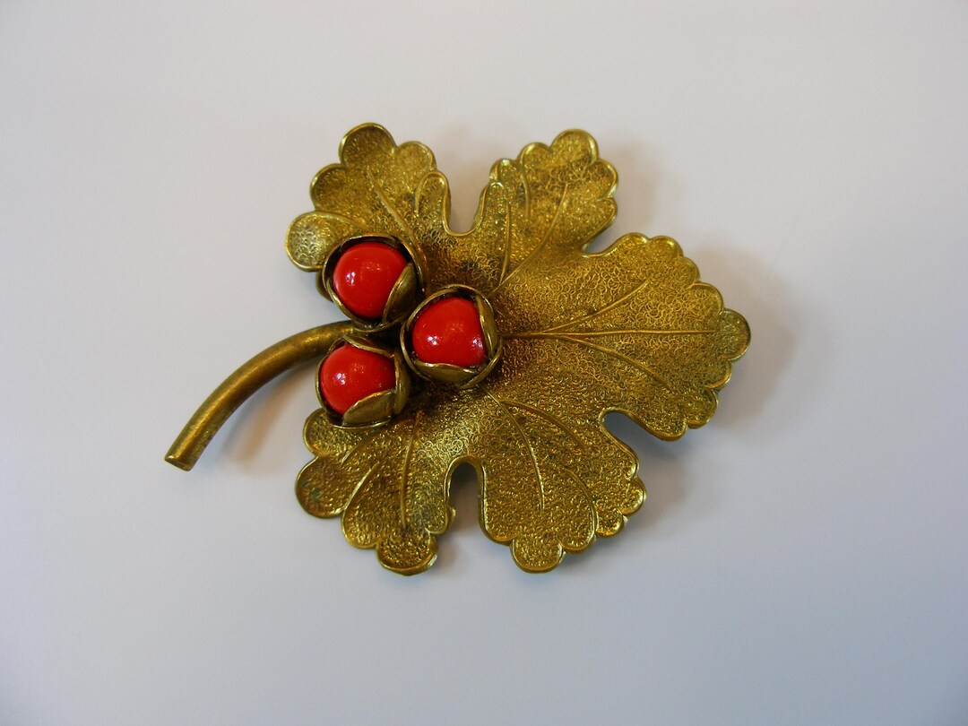 Art Deco Czech MAX NEIGER Brass Leave Red Glass Filigree Brooch Vintage ...