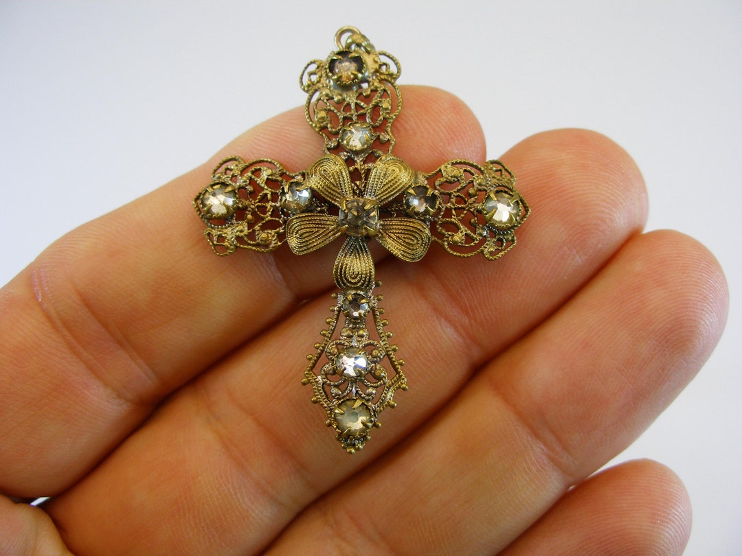 Vintage Czech Brass Filigree Cross Pendant Necklace, Religious Jewelry ...
