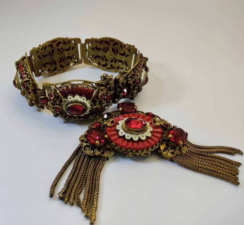Max Neiger Jewelry Set, 1920s Czech Art Deco Glass Enamel Filigree ...