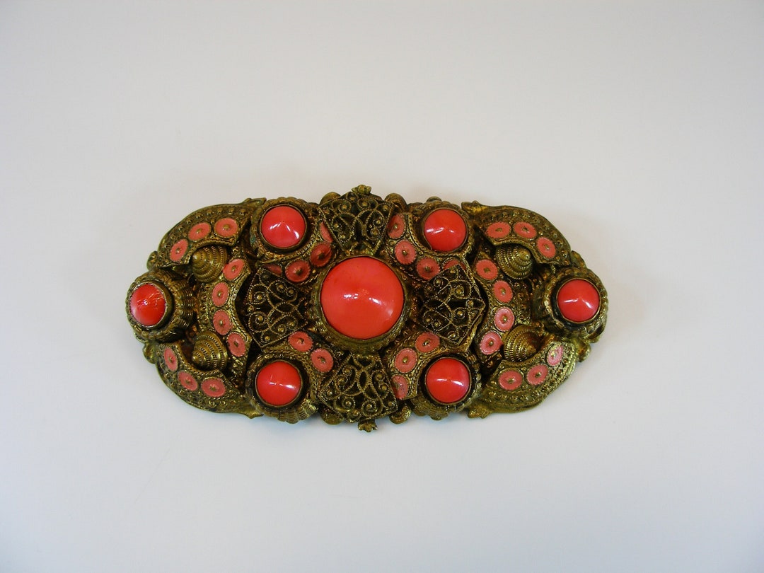 Art Deco Czech Max Neiger Orange Bullet Rhinestones Filigree Brass ...