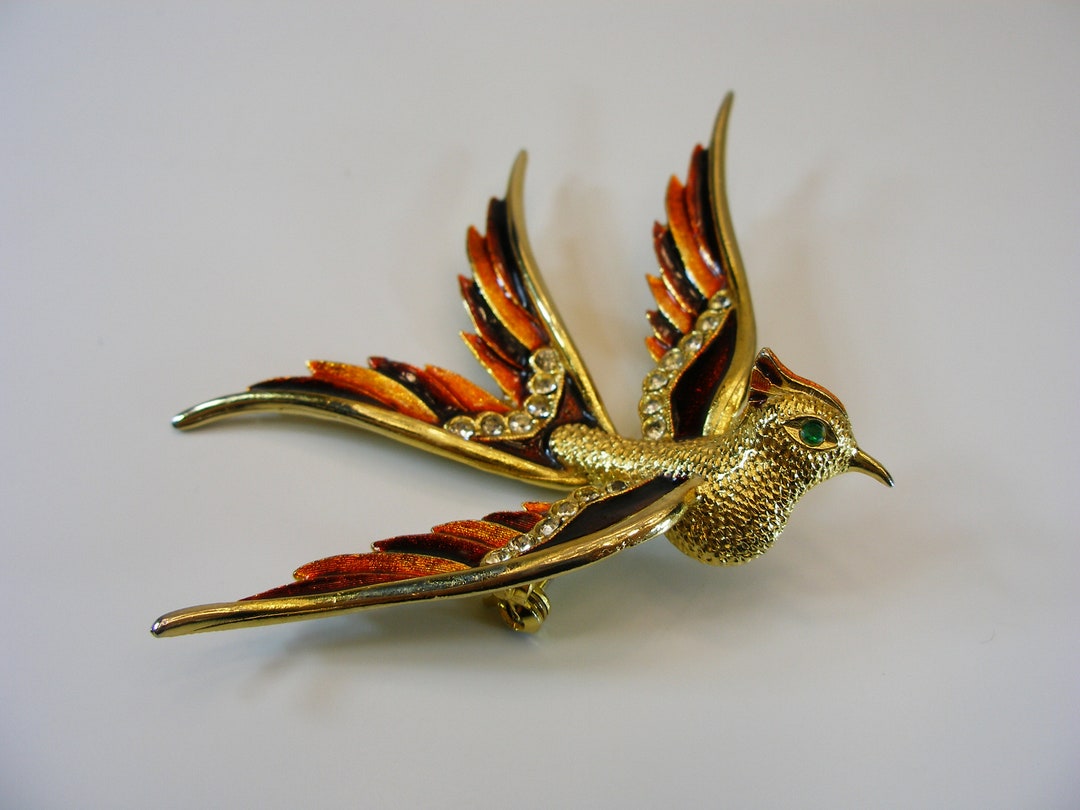 SPINX Vintage Enamel Bird Brooch Pin, Gold Red Enamel Brooch With ...