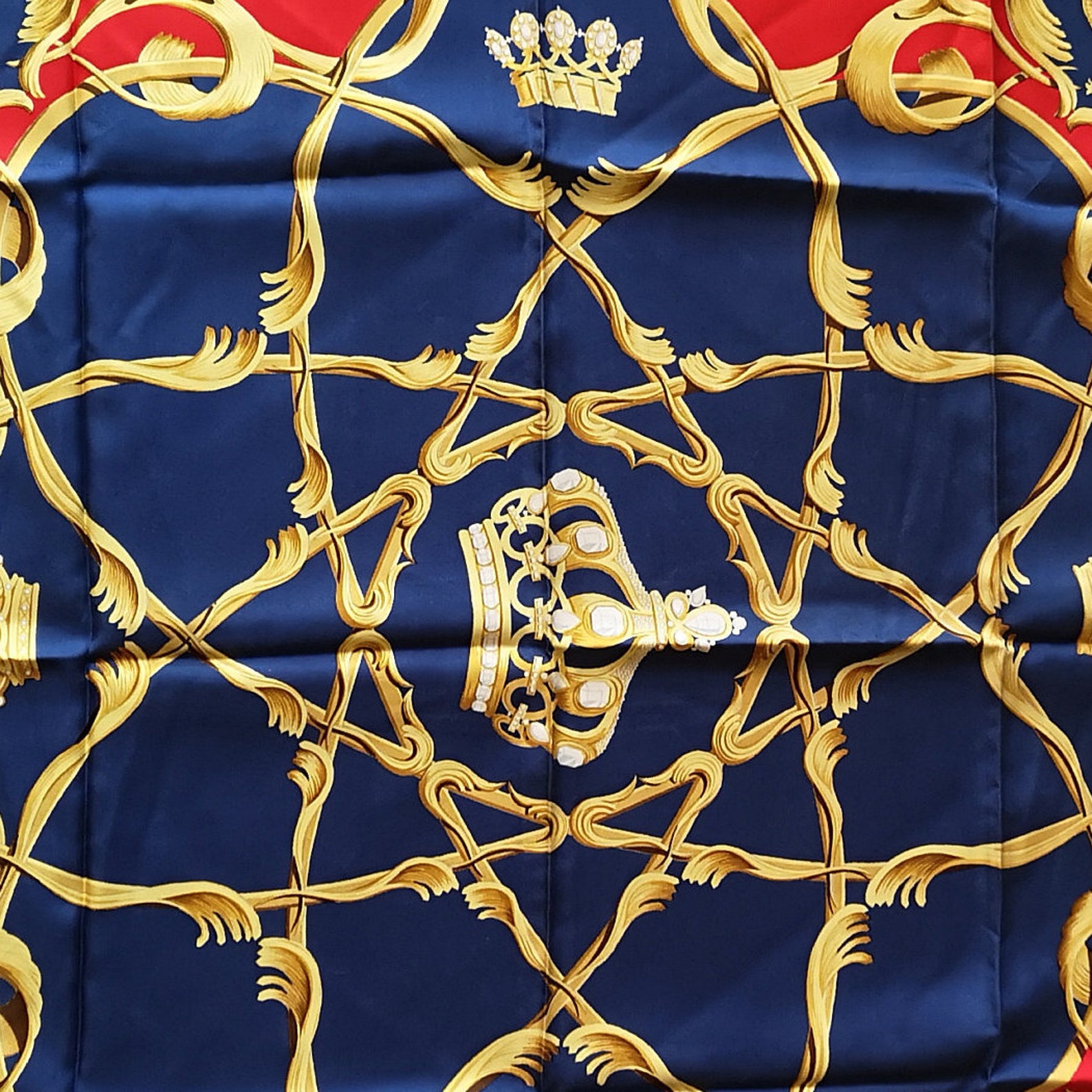 Hermes Silk Scarf Crown Decor Gold Scarf Red Scarf Red Square - Etsy
