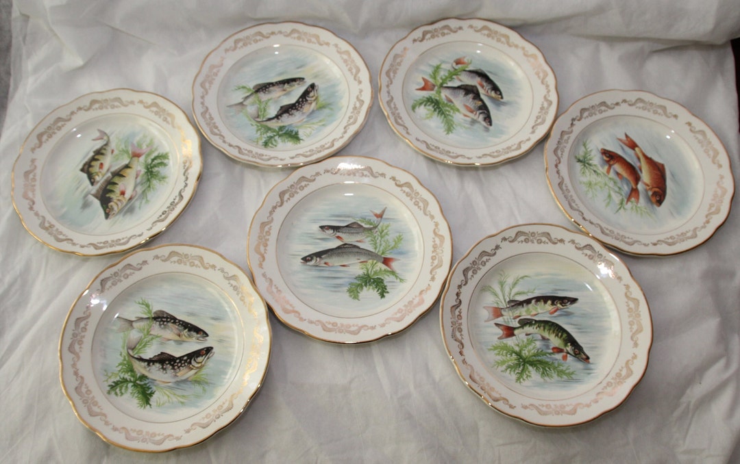 Antique French Collectible Porcelain Fish Plate Round Gilt Signed Wall ...