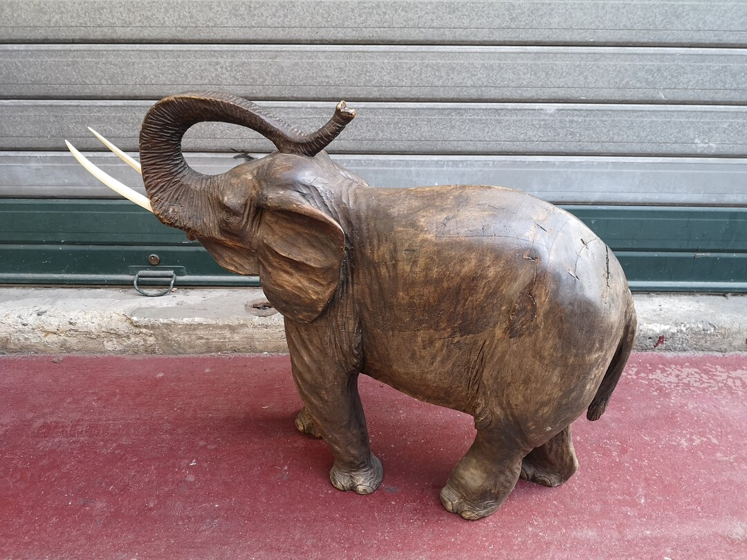 SOLD Large Elephant Statue Wood Carving Antique Wooden Elephant ...