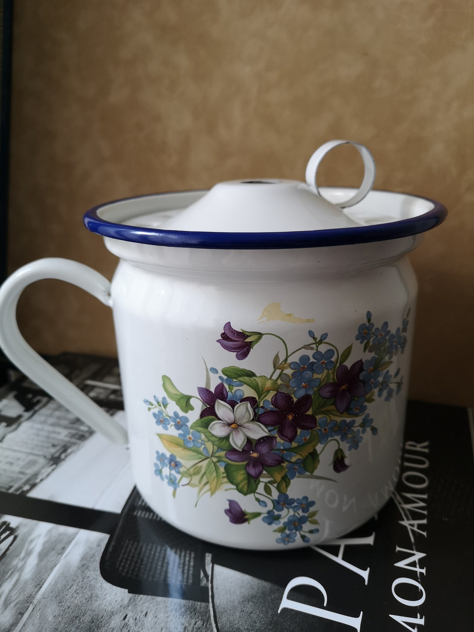 French Enamel Milk Pot Violets Decor Blue and White Enamelware - Etsy