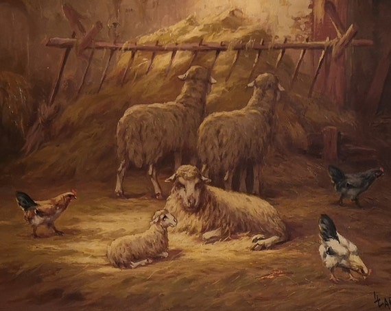 Sheep in a Stable Painting Lamb Chicken Rustic Decor Farmhouse - Etsy