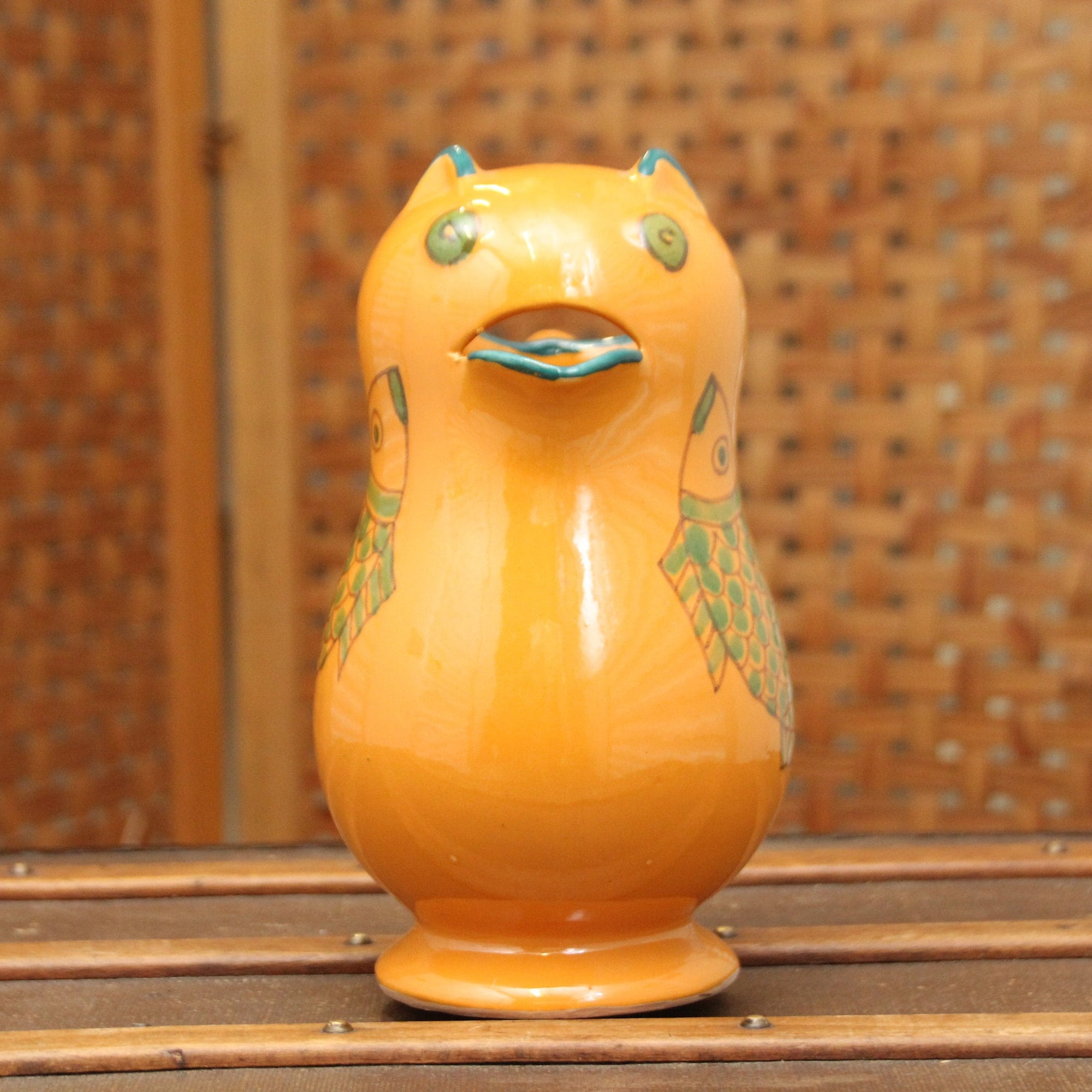 Vintage Ceramic Cat Pitcher Yellow Ceramic Vase Fish Decor Cat | Etsy