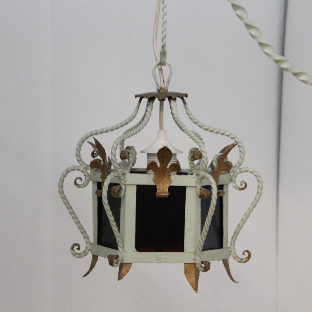 Stained Glass Lantern Lamp Wrought Iron Lantern Light Gold Heraldic ...