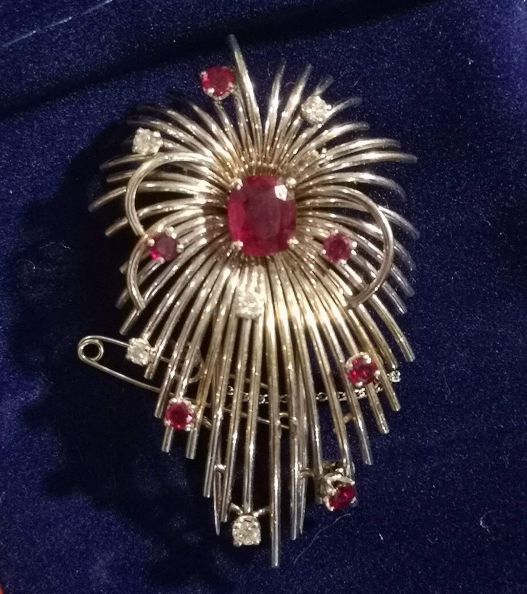 Sun Brooch Firework Art Deco Jewelry White Gold Brooch Diamonds Ruby ...