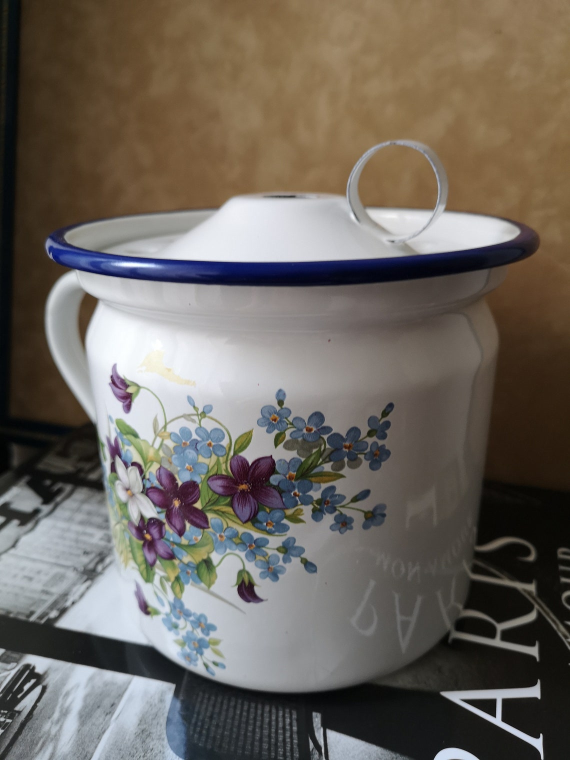French Enamel Milk Pot Violets Decor Blue and White Enamelware - Etsy