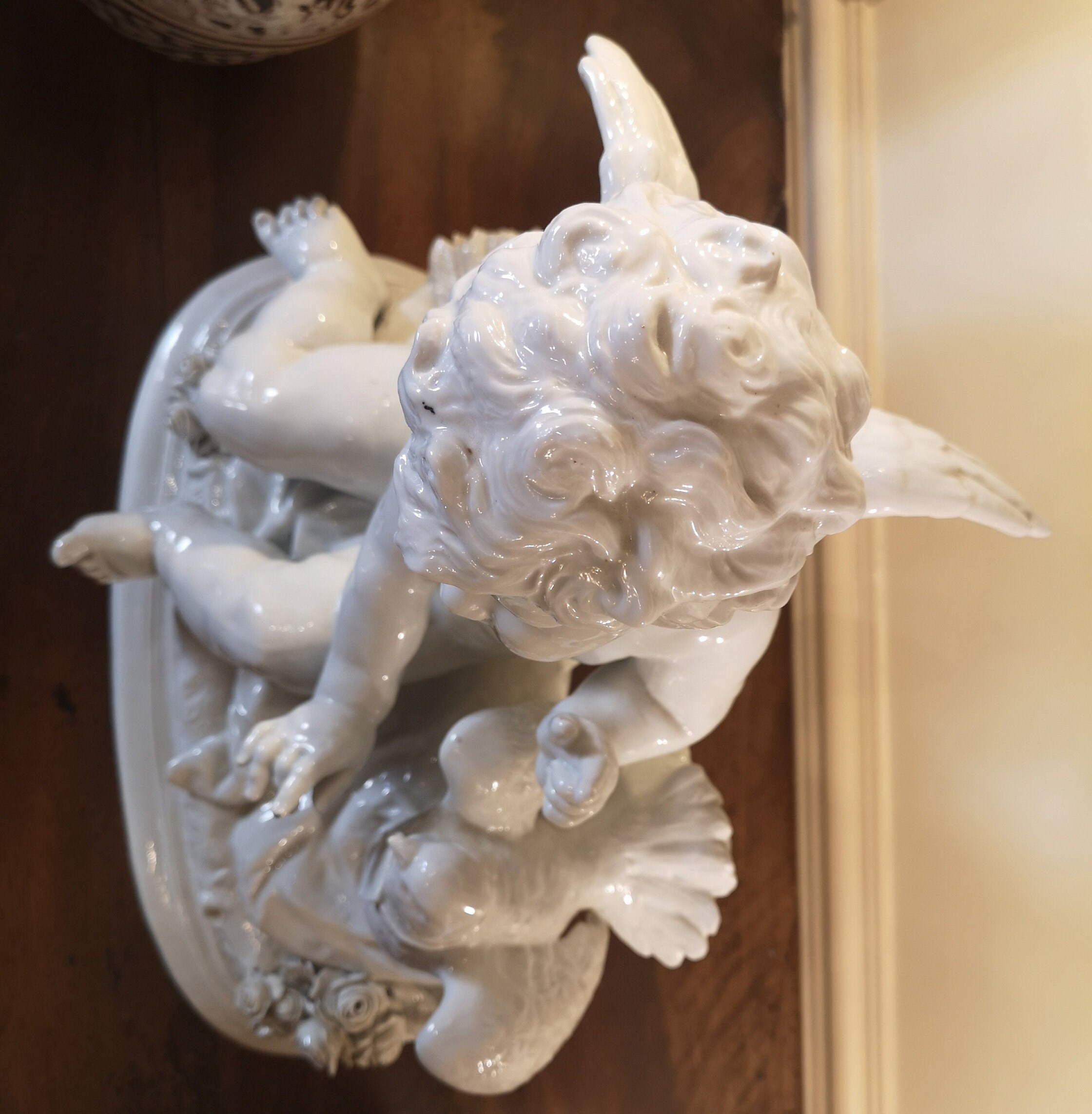 Large White Porcelain Group Winged Angel Figurine Bird Little Boy Kid ...