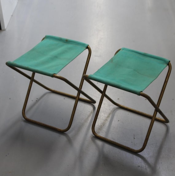 Green Gold Vintage Small Metal Canvas Camp Stools Set of 2 Folding Chairs Camping Chairs Folding Camping Furniture Foldable Chair Etsy UK