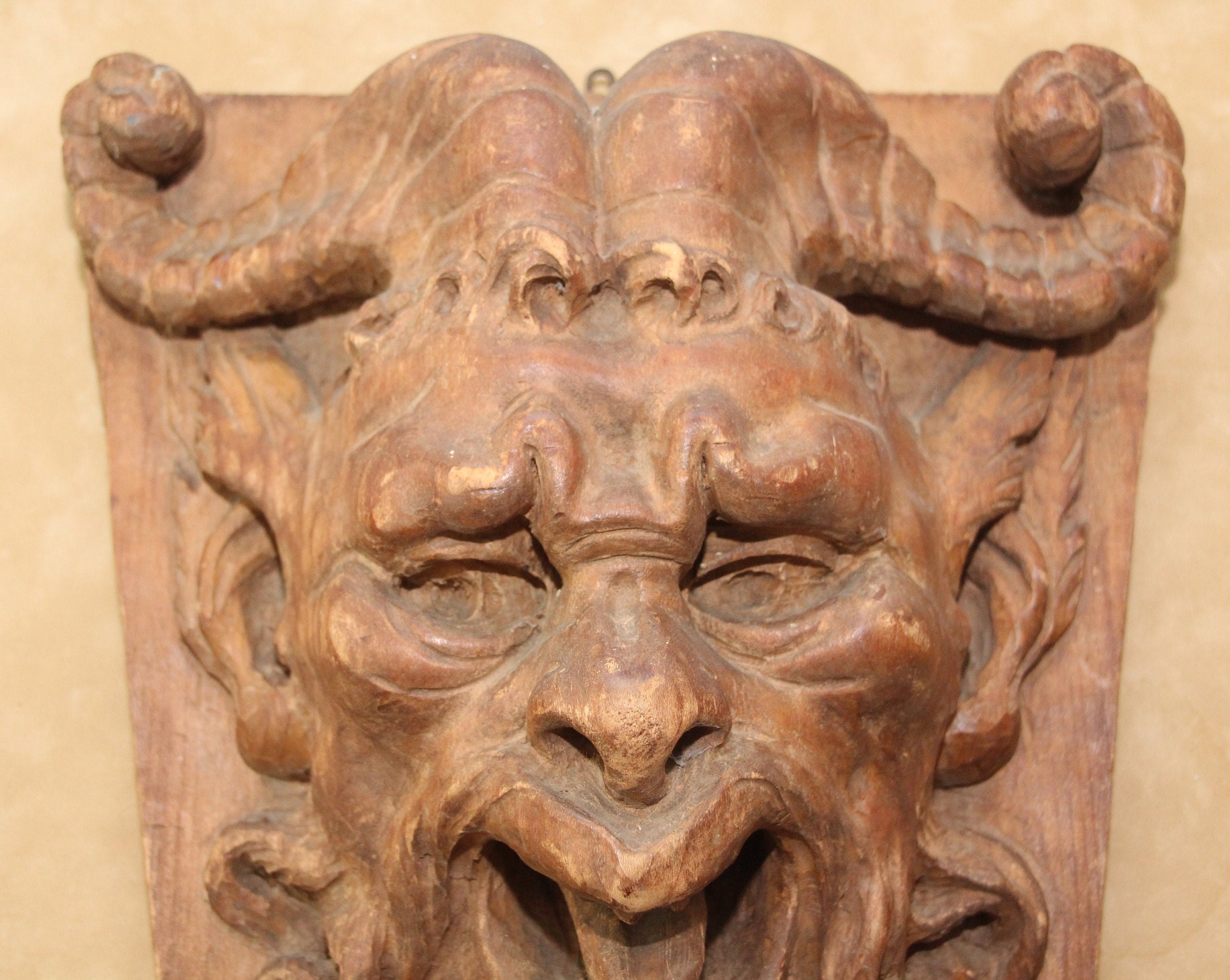 Antique Carved Wood Devil Wall Art Horned Devil Demon Wall Decor Devil ...